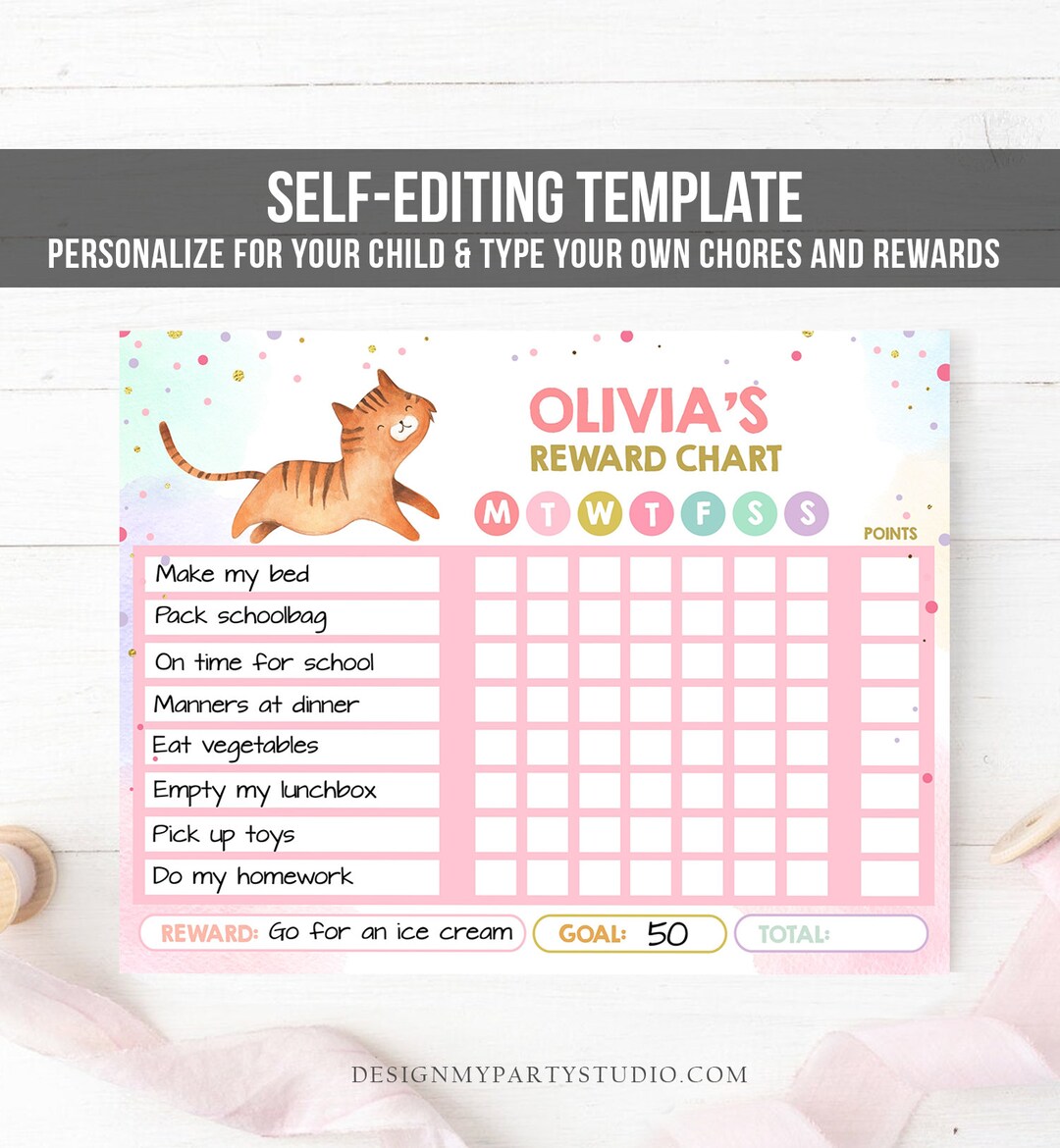 Editable Cat Reward Chart for Girls Kitty Chore Chart for Kids Routine ...