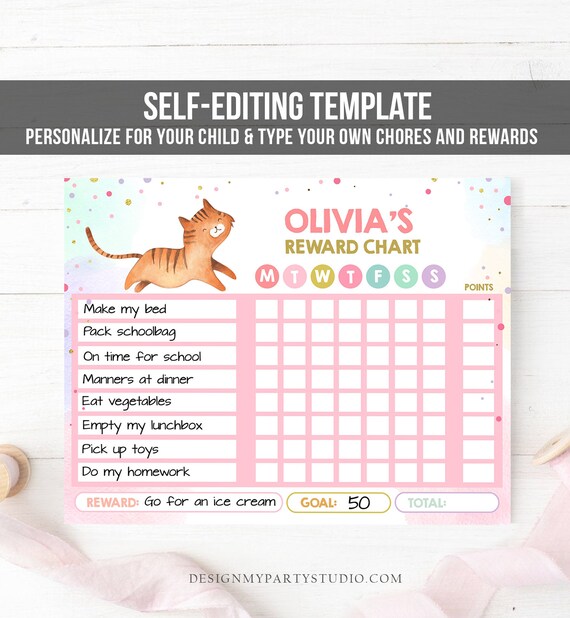 Editable Cat Reward Chart for Girls Kitty Chore Chart for Kids Routine ...