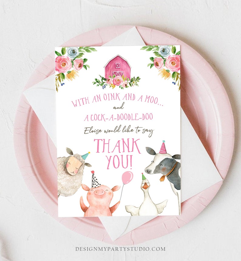 Editable Farm Animals Thank You Card Pink Gingham Farm - Etsy
