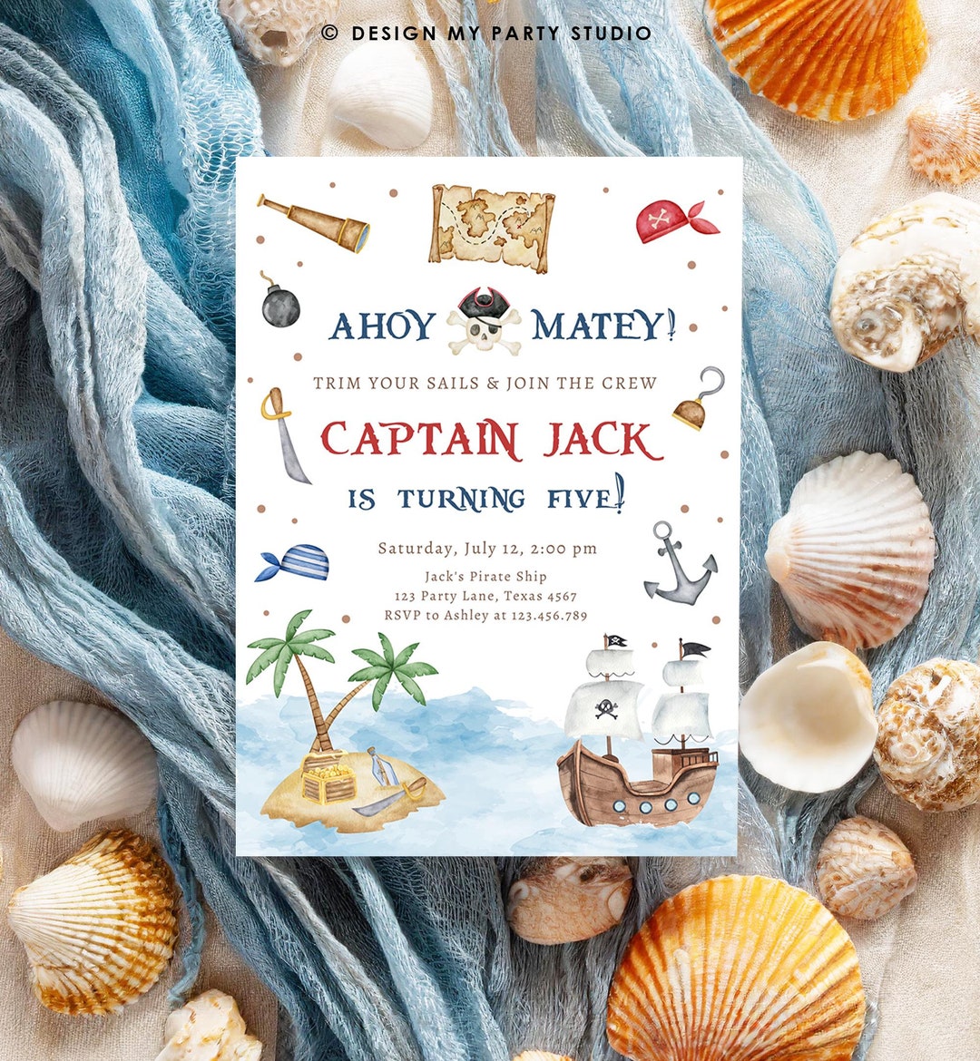 Editable Ahoy Matey Pirate Birthday Invitation Pirates Party Nautical ...