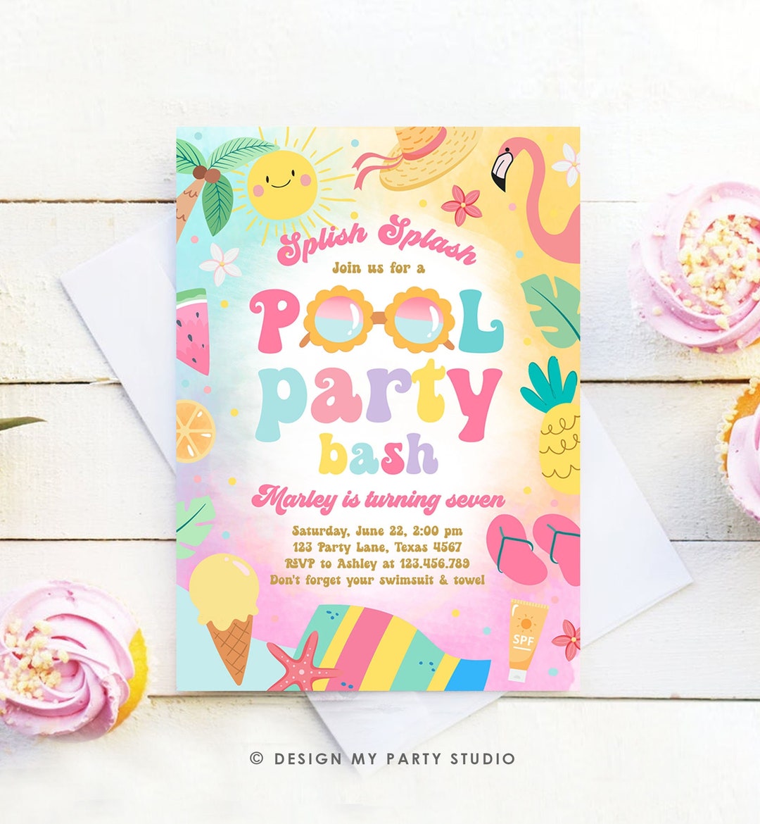 Editable Pool Party Birthday Invitation Splish Splash Girl Pool Party ...