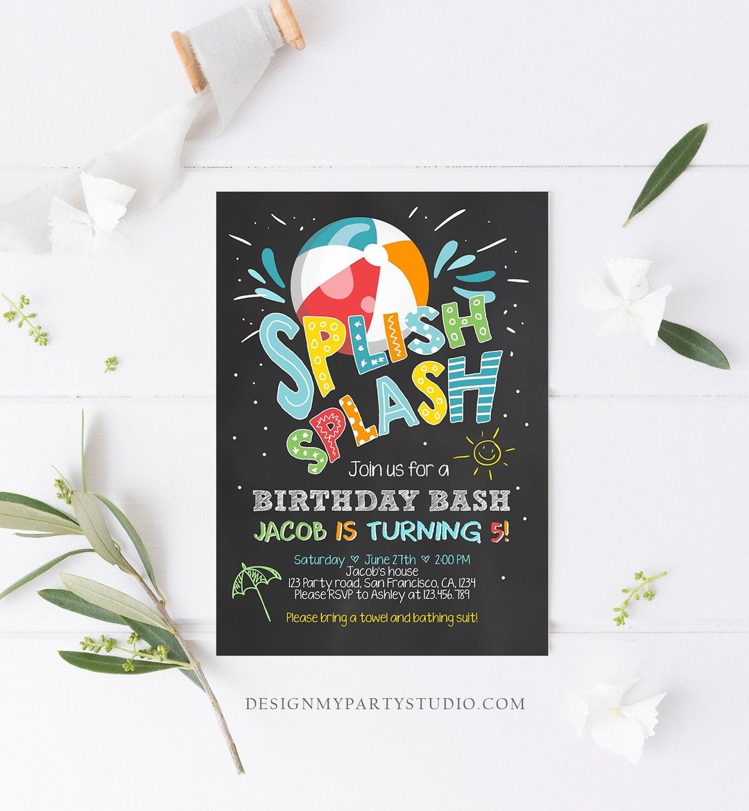 Editable Splish Splash Birthday Invitation Pool Party Boy Beach Ball ...