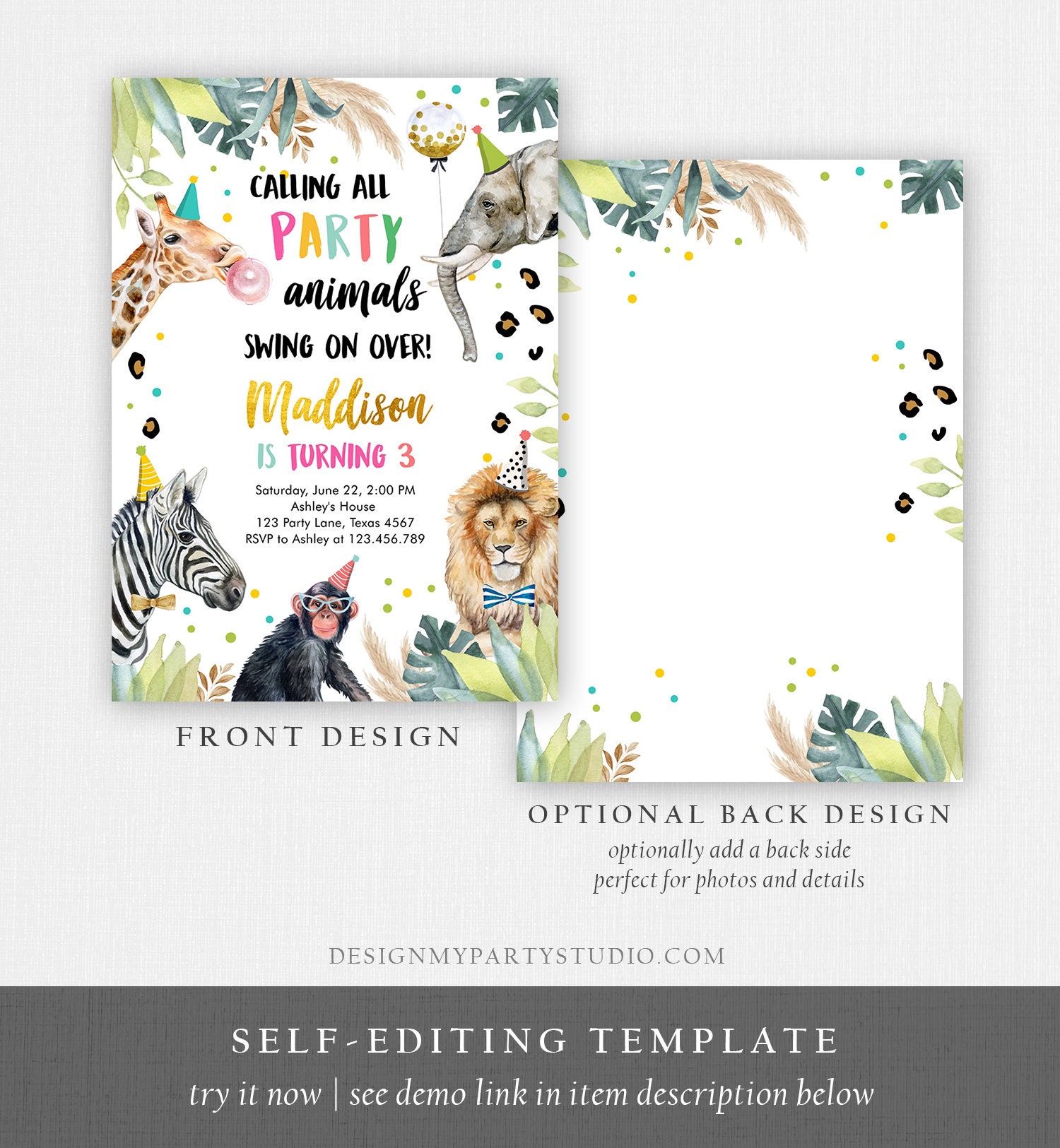 Editable Party Animals Birthday Invitation Wild One Animals - Etsy