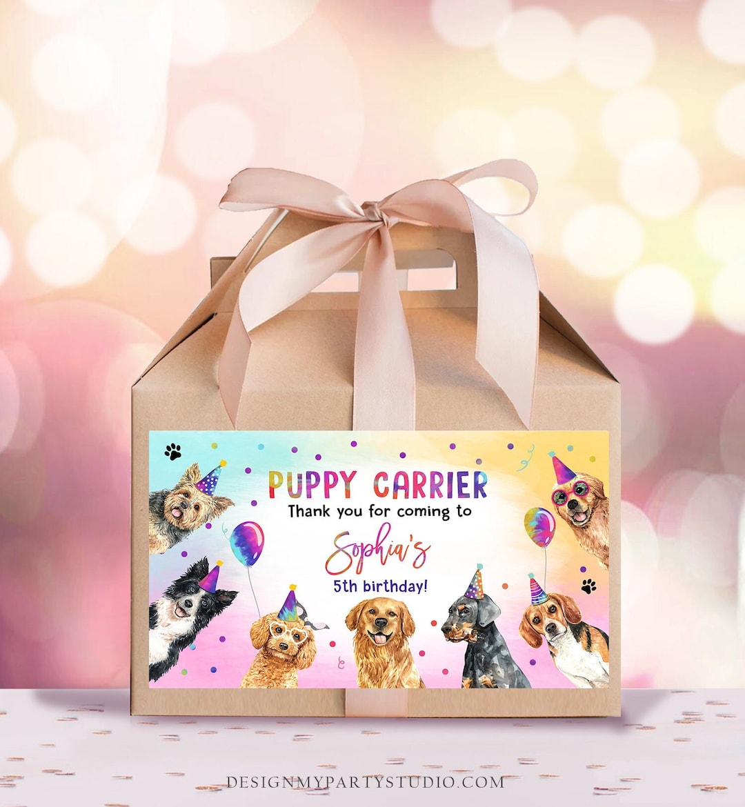 Editable Puppy Carrier Box Favor Label Puppy Birthday Favor Box Label ...