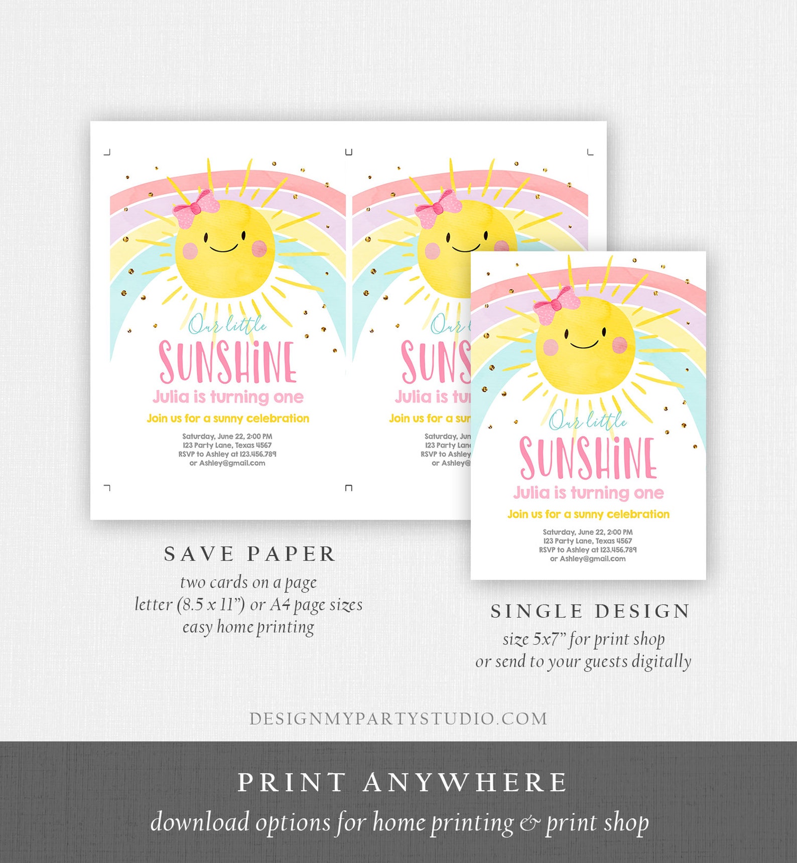 Editable Sunshine and Rainbow Birthday Invitation Pastel - Etsy