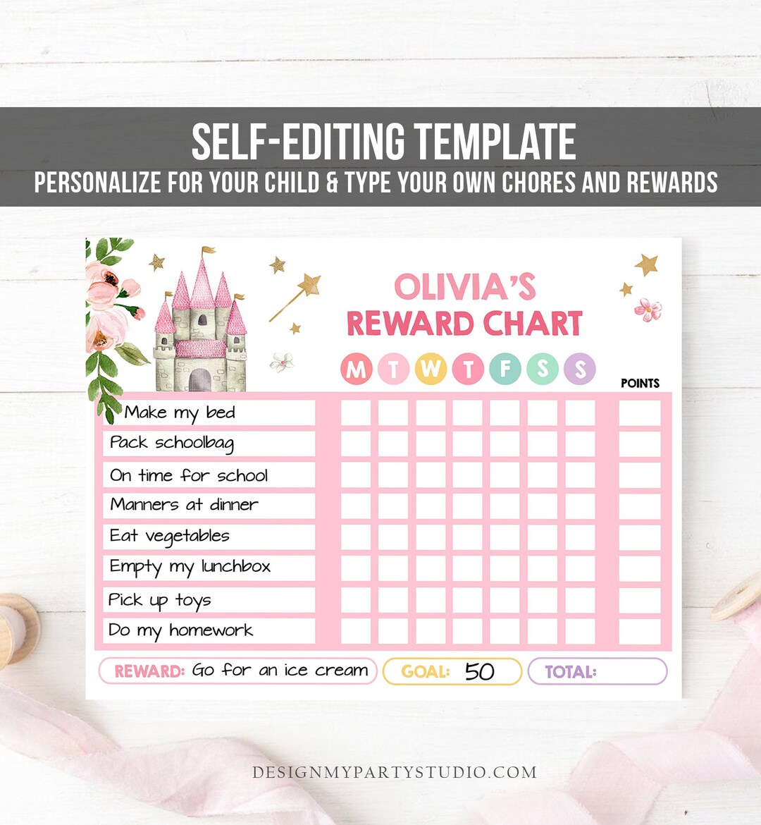 Editable Princess Reward Chart Princess Chore Chart for Kids Routine ...