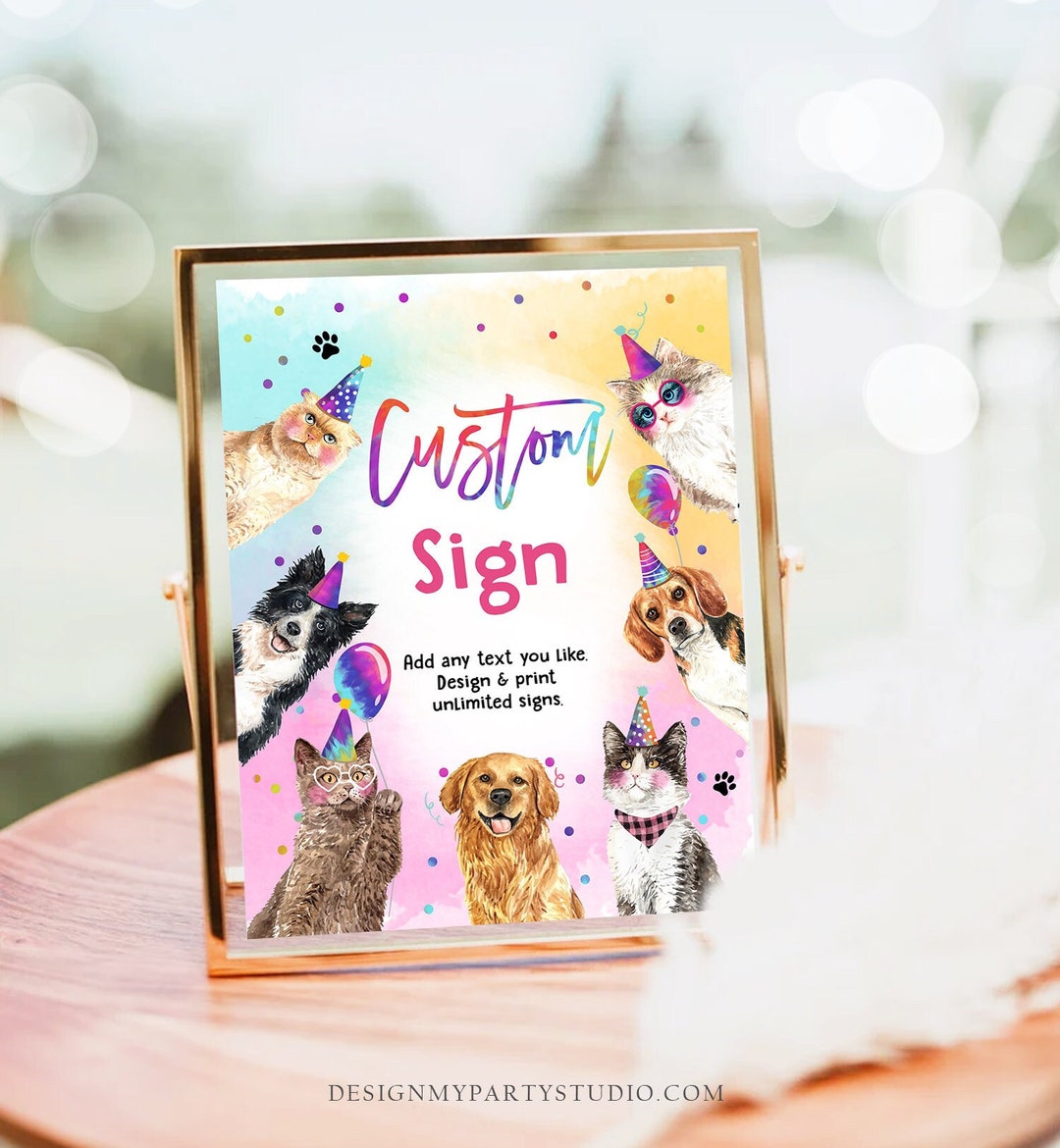 Editable Custom Sign Cats and Dogs Birthday Kitten Birthday Party Sign ...