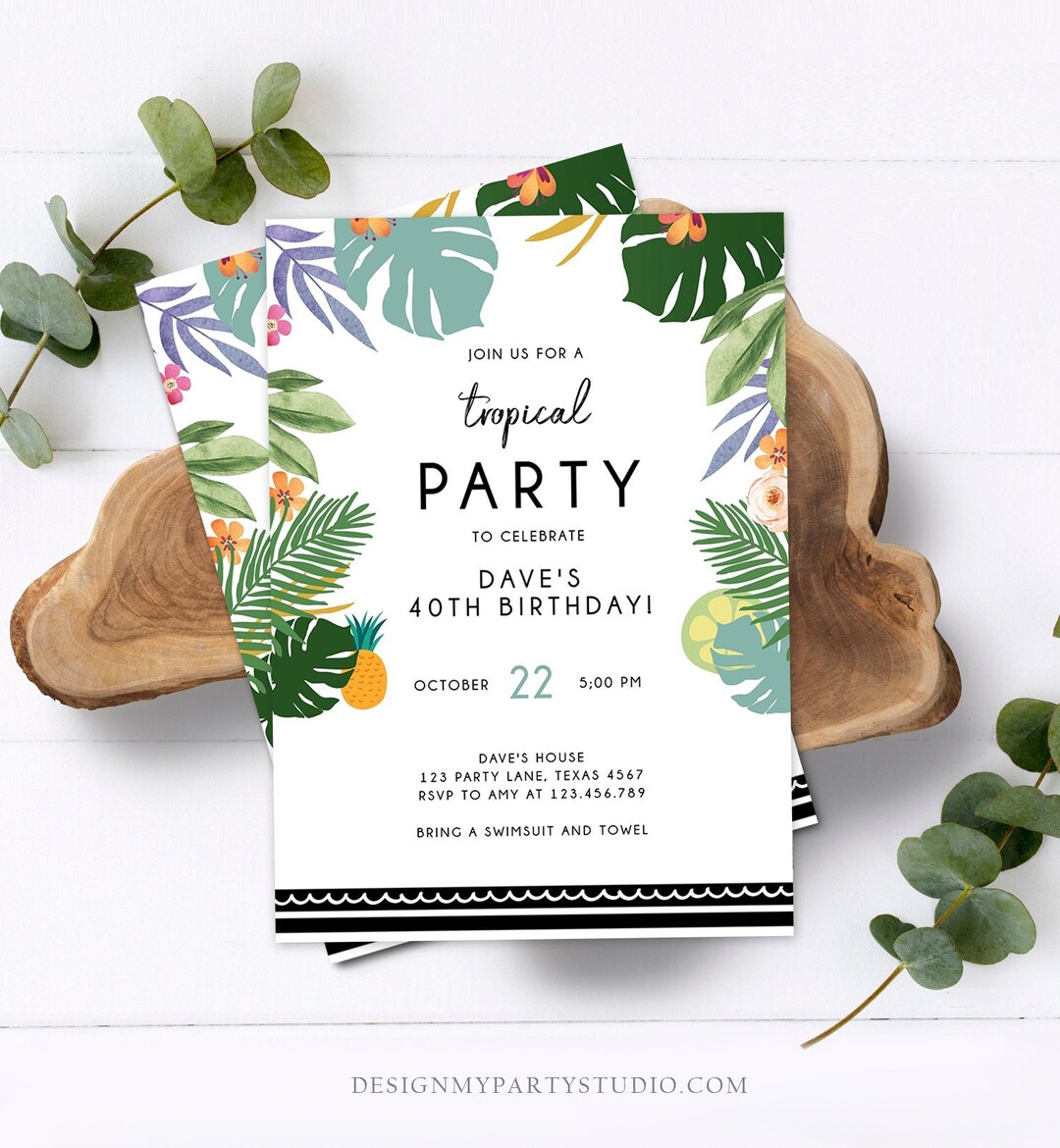 Editable Tropical Birthday Invitation Tropical Party Adult Birthday ...