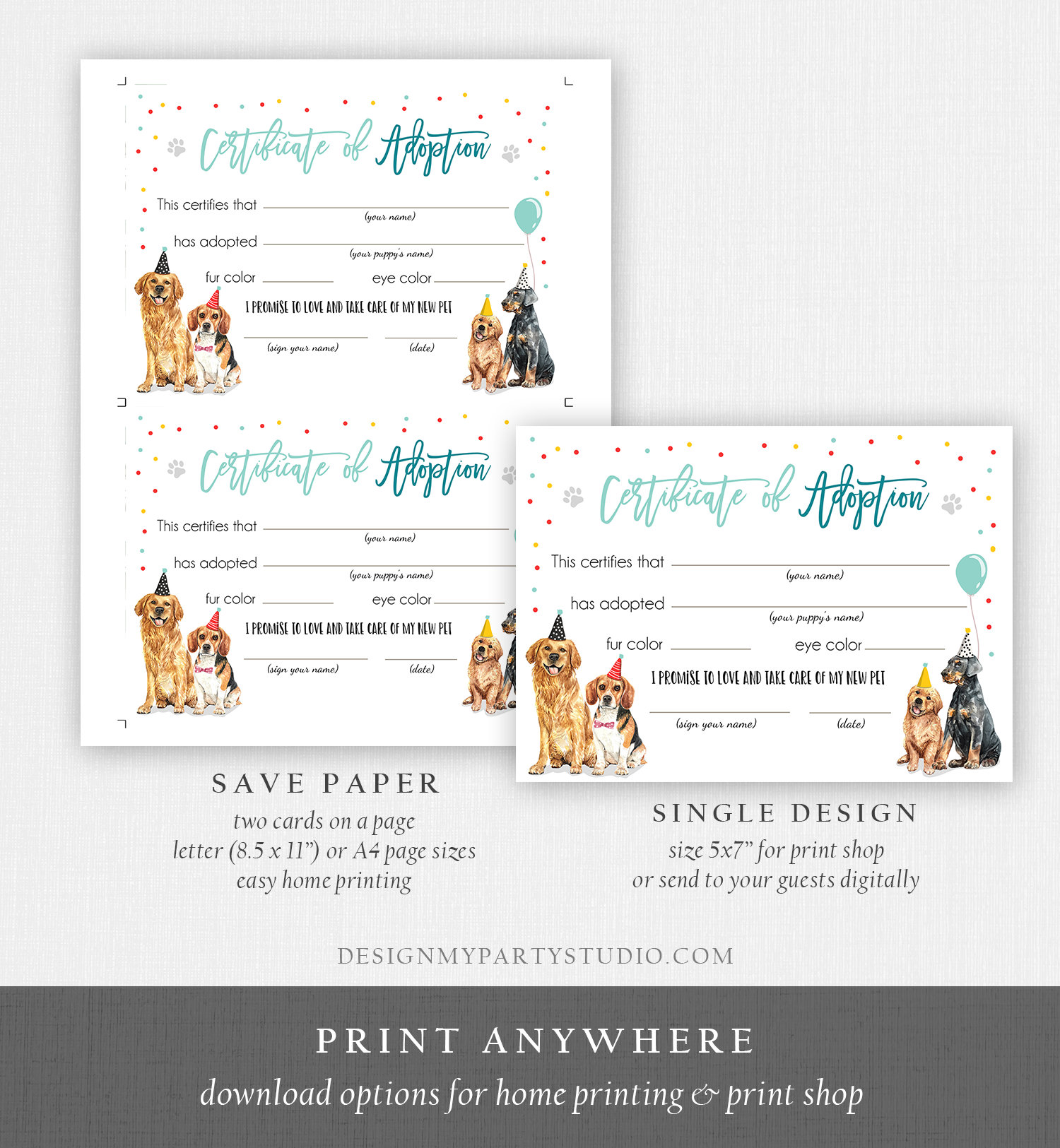 Pet Adoption Certificate Puppy Adoption Dog Birthday Party Adopt A Pet ...