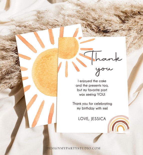 Editable Sun Thank You Card Sun Birthday Party Thank You Note Sunshine ...