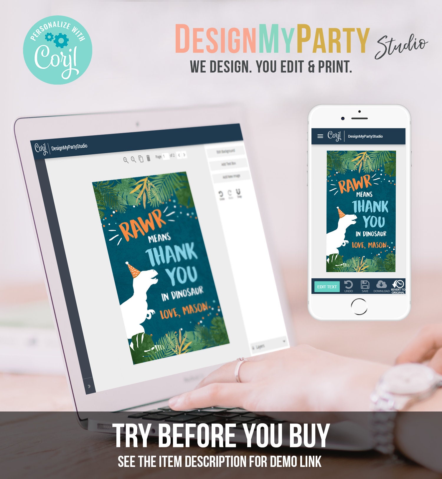 Editable Dinosaur Favor Tag T-rex Gift Tags Dino Thank You for | Etsy