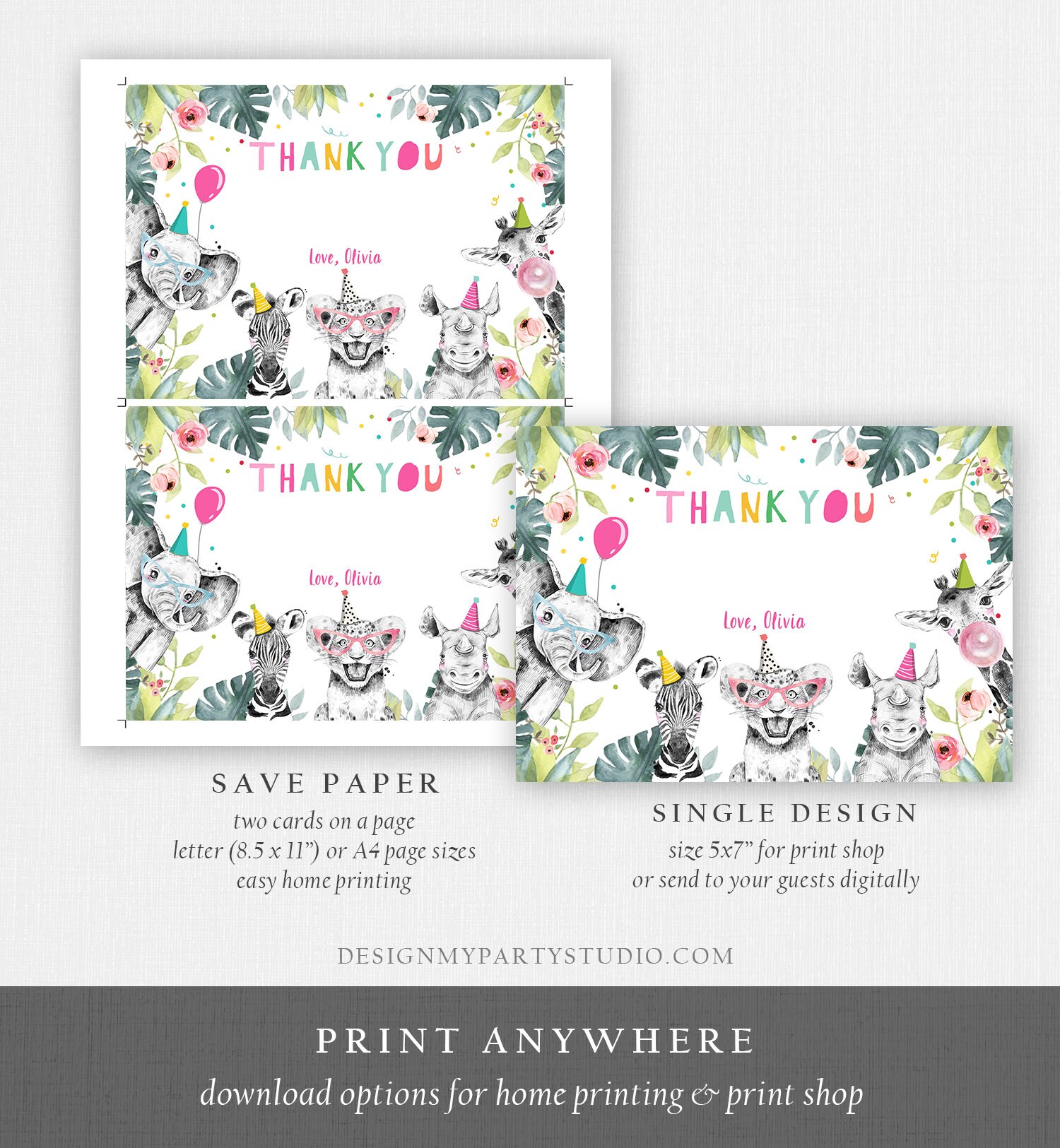 Editable Party Animals Thank You Card Note Wild One Safari Animals Girl ...