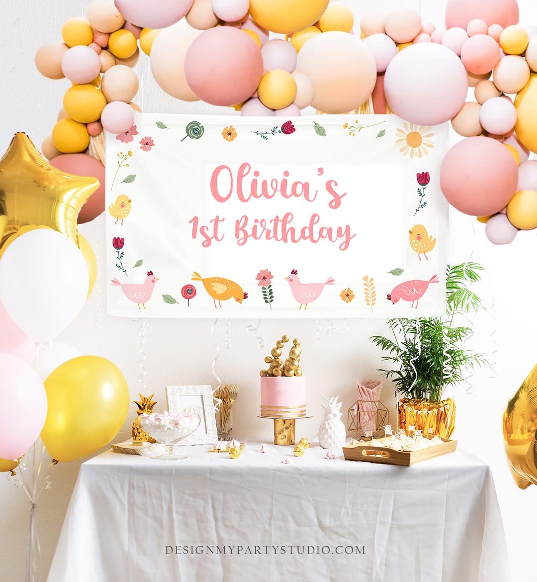 Editable Little Chicken Backdrop Banner Girl Birthday Party Spring Farm ...