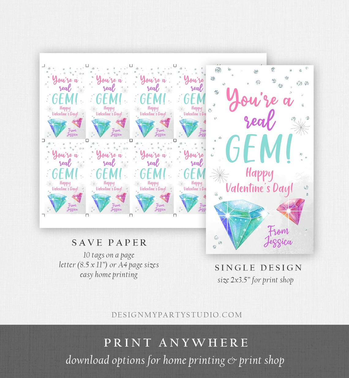 Editable Valentine Tags You're a Gem Valentine's Tag School Kid's ...