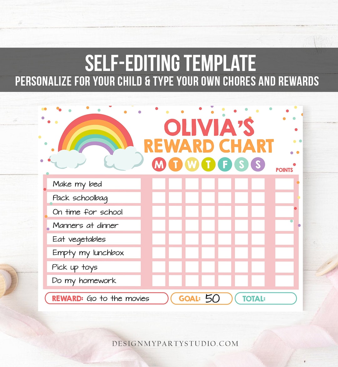 Editable Rainbow Cloud Reward Chart for Girls Chore Chart Kids Routine ...
