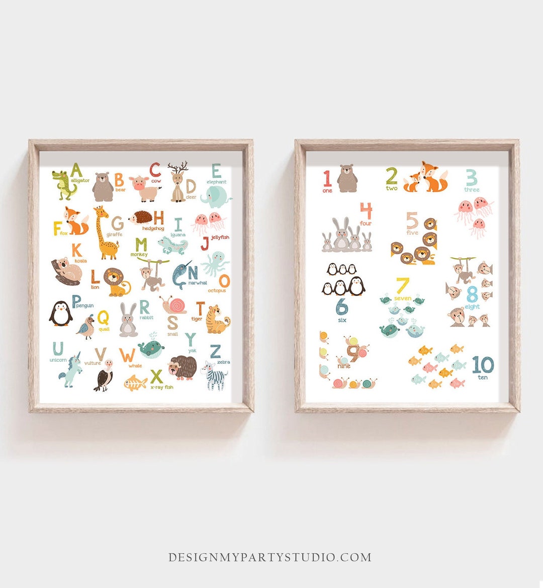 Set of 2 Alphabet Wall Art Alphabet Animals Animal Numbers 3 DIFFERENT ...