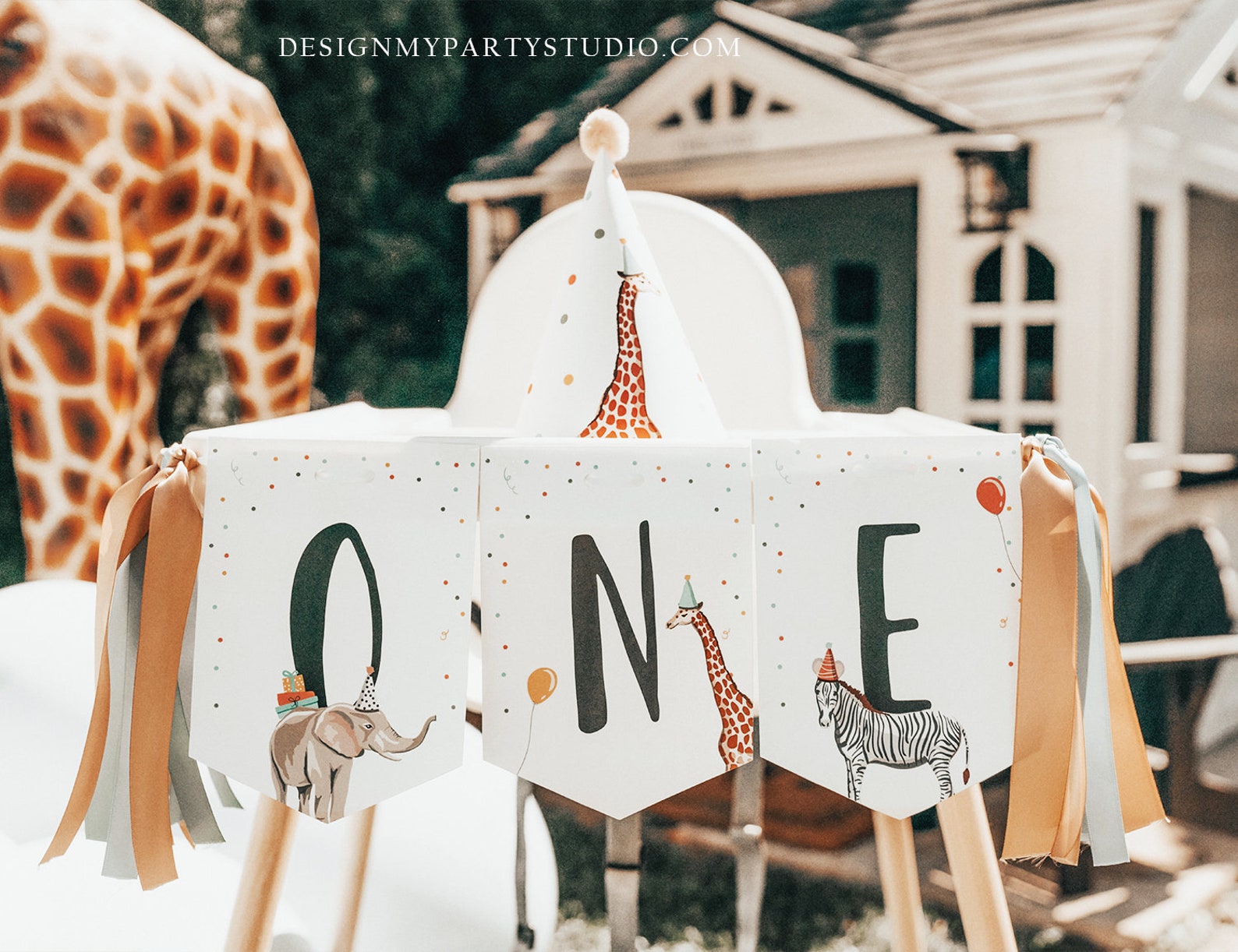 High Chair ONE Birthday Banner Party Animals Safari Animals Wild One ...