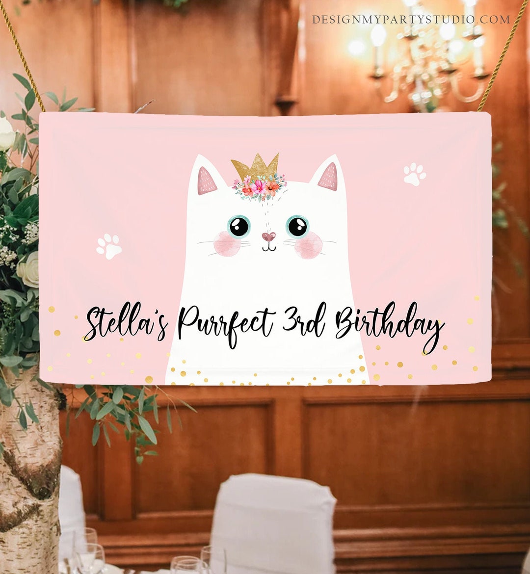 Editable Kitten Birthday Backdrop Kitty Cat Birthday Party Decor Girl ...