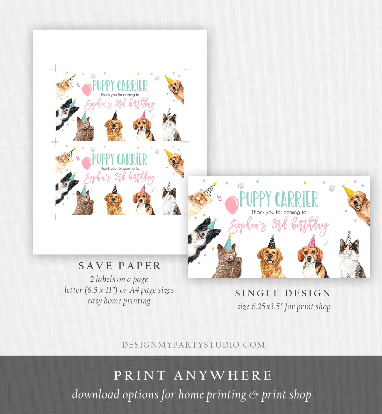 Editable Cats and Dogs Favors Puppy Carrier Box Label Puppy Birthday ...