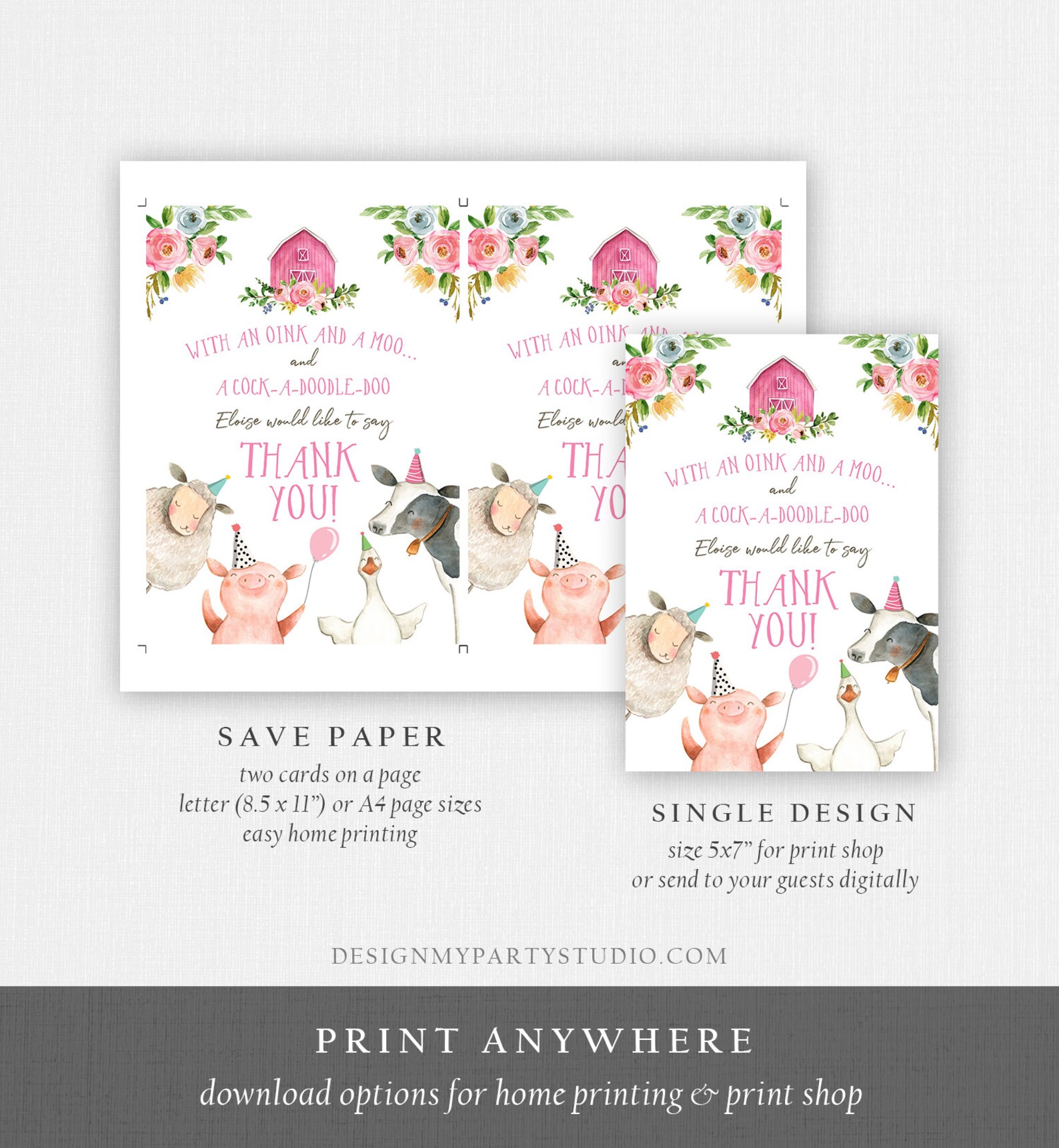 Editable Farm Animals Thank You Card Pink Gingham Farm - Etsy