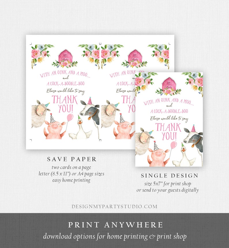 Editable Farm Animals Thank You Card Pink Gingham Farm - Etsy
