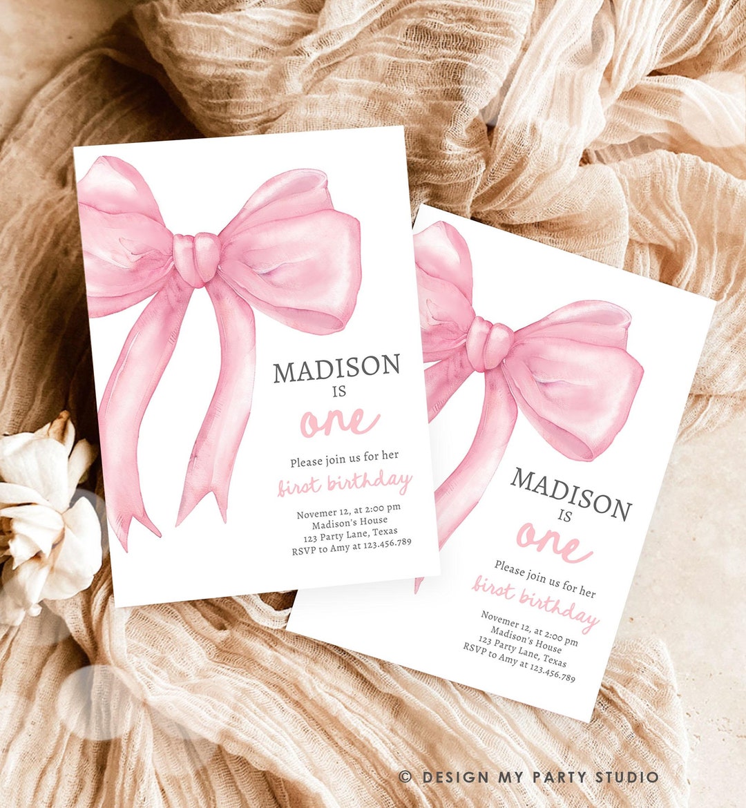Editable Pink Bow 1st Birthday Invitation First Birthday Pink Coquette ...