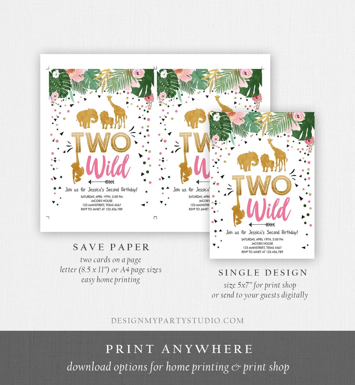 Editable Two Wild Birthday Invitation Safari Animals Jungle Zoo Wild ...