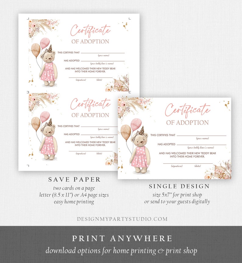 Teddy Bear Adoption Certificate Teddy Bear Birthday Boho Teddy - Etsy