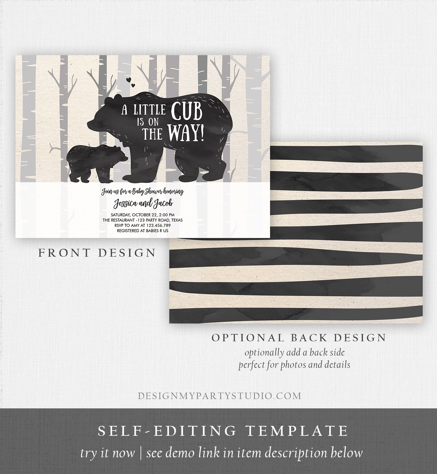 Editable Bear Baby Shower Invitation Bear Cub Baby Shower | Etsy