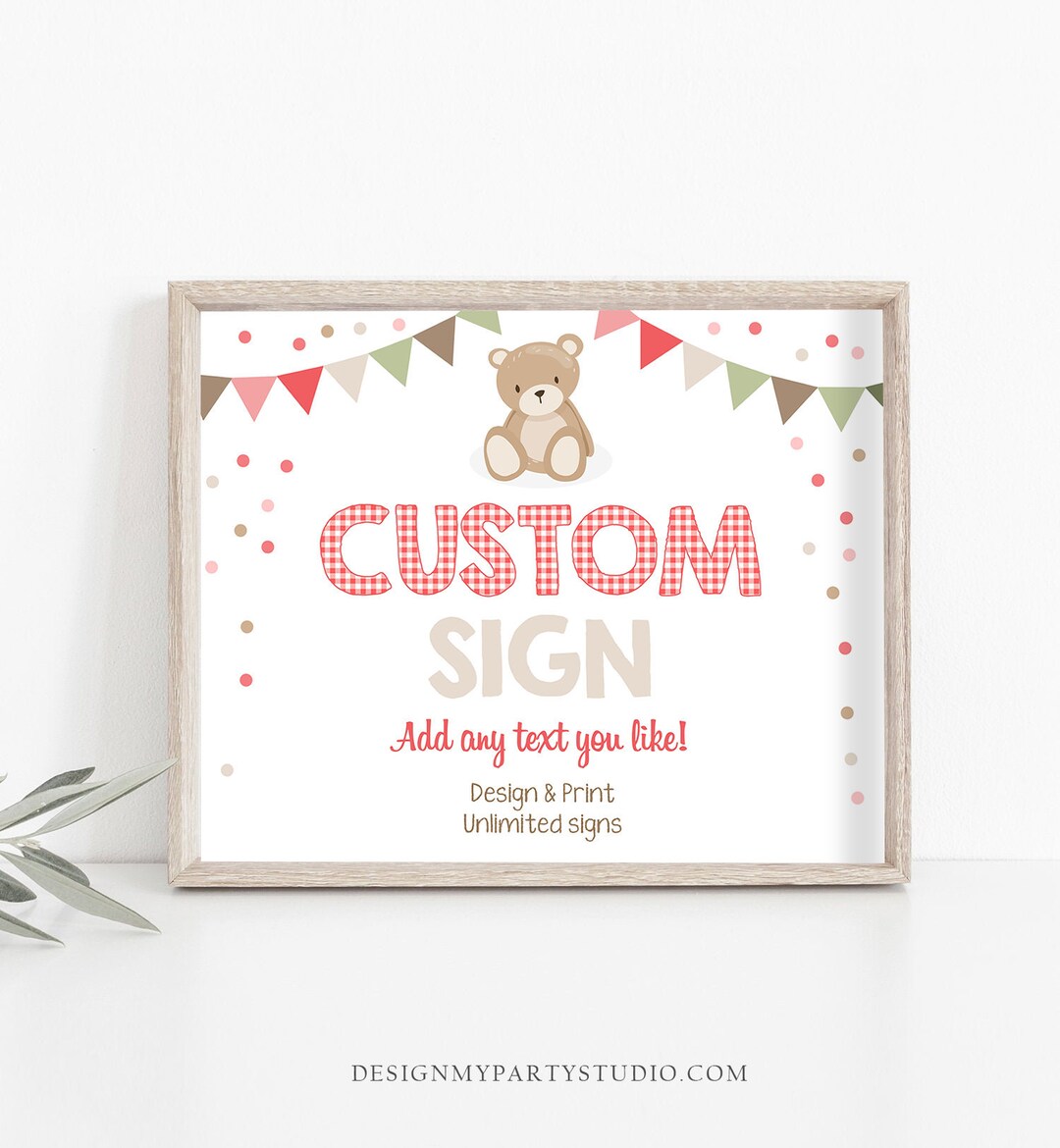 Editable Custom Sign Teddy Bear Birthday Baby Shower Girl Pink Red ...