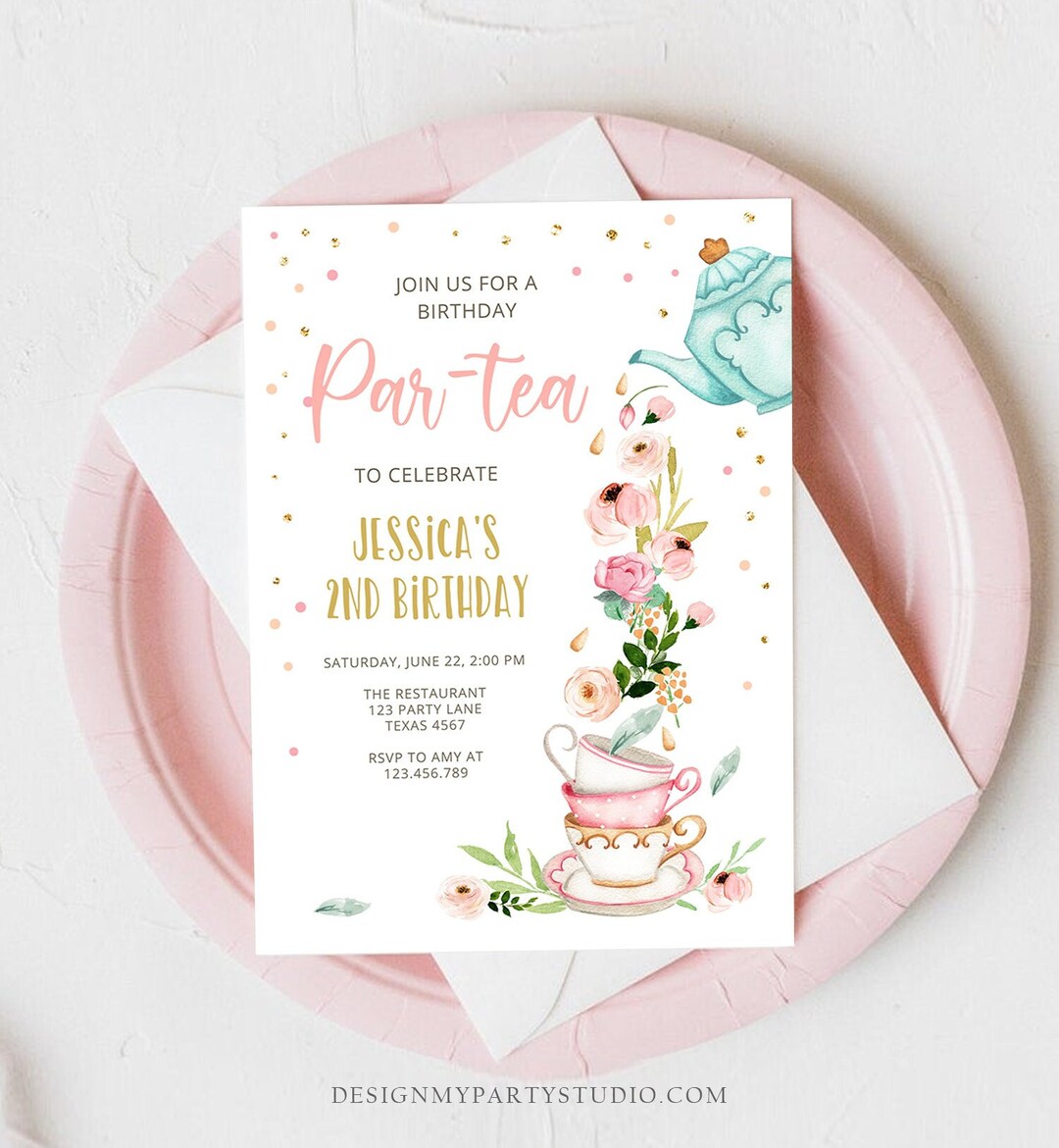 Editable Tea Birthday Invitation Girl Par-tea Invite Virtual Tea Party ...