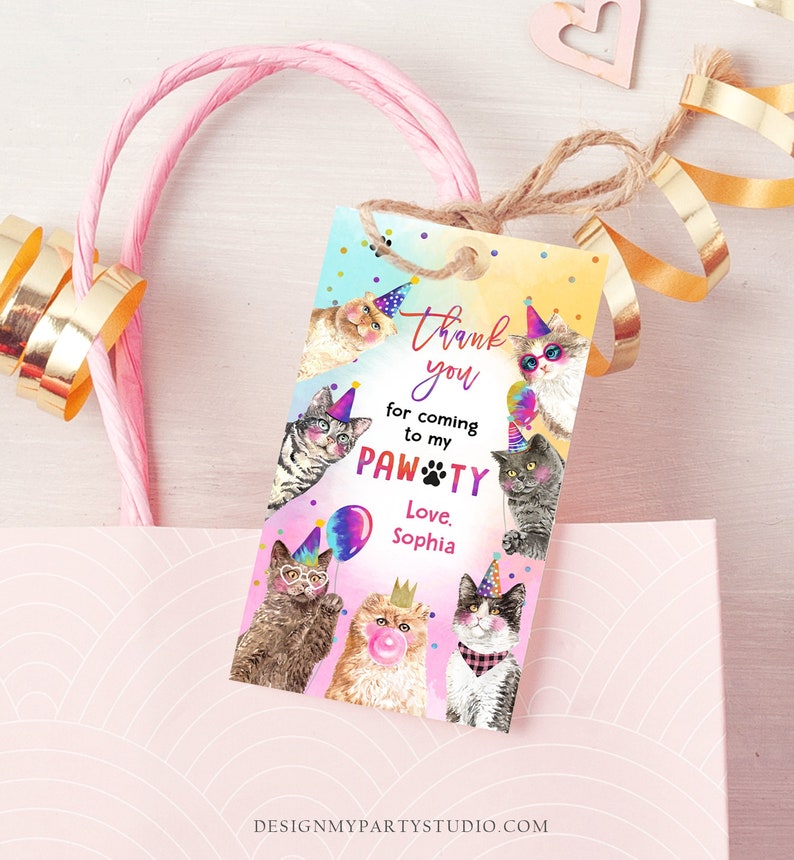 Editable Kitten Favor Tags Cat Birthday Thank You Tag Girl - Etsy