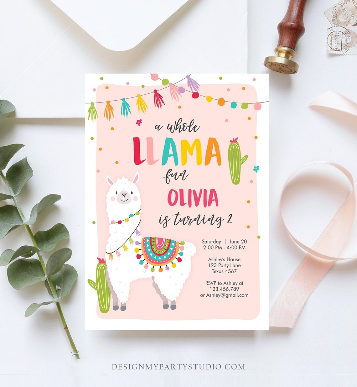 Editable Whole Llama Fun Birthday Invitation Llama Cactus | Etsy