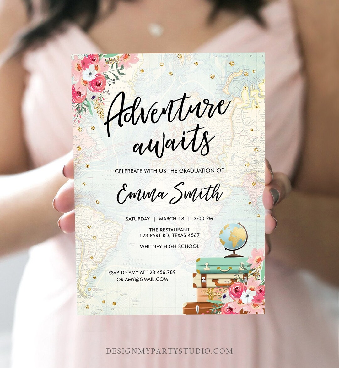 Editable Adventure Awaits Graduation Party Invitation Vintage Travel ...