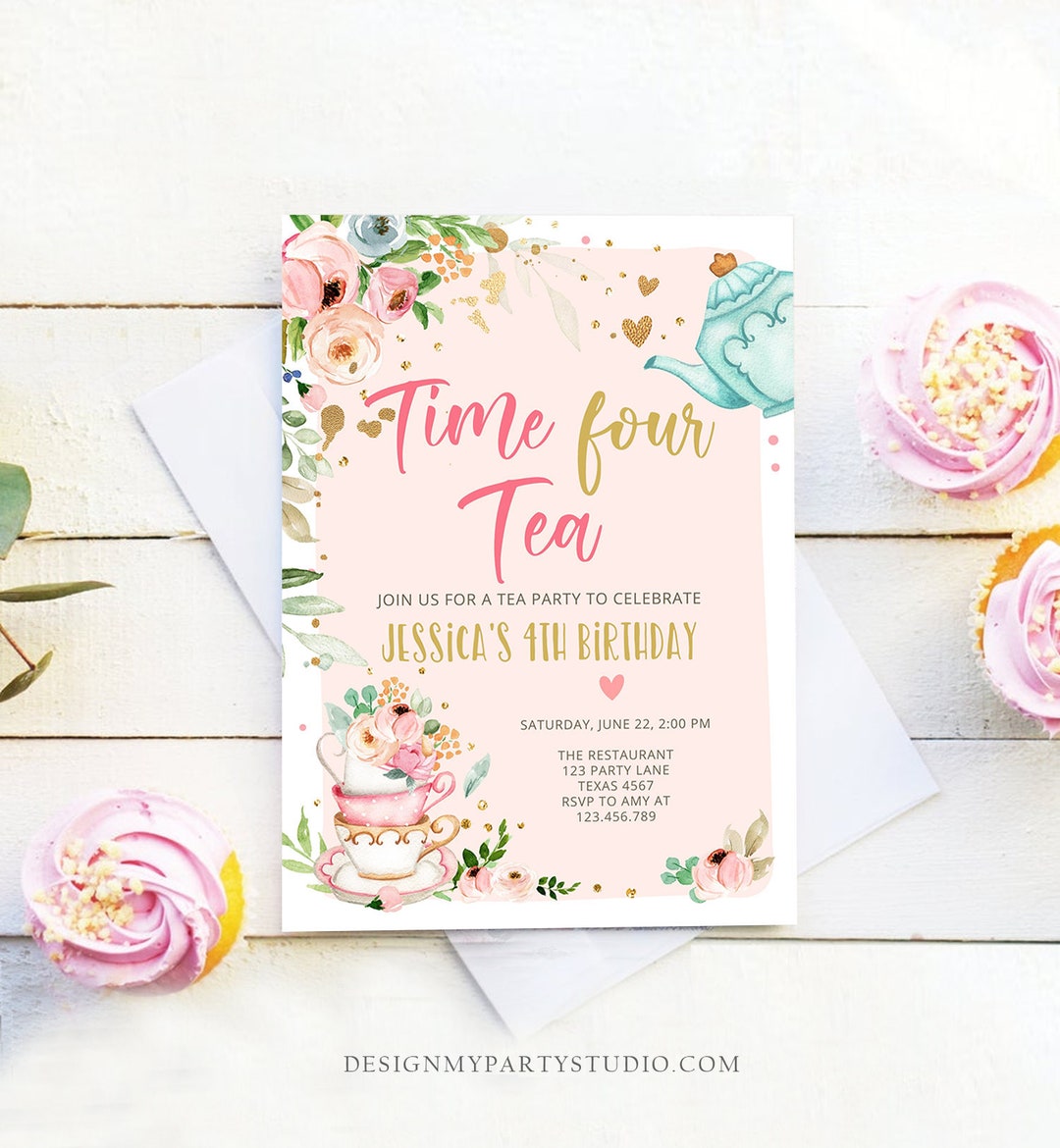 Editable Tea Party Birthday Invitation Four Par-tea Birthday Invite ...