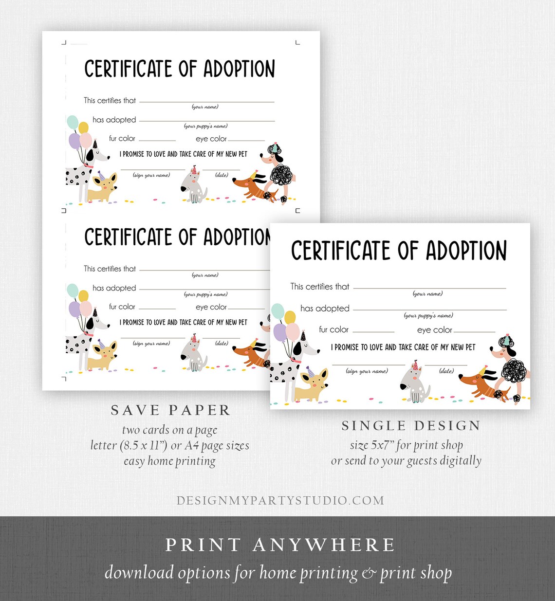 Pet Adoption Certificate Puppy Adoption Dog Birthday Party - Etsy