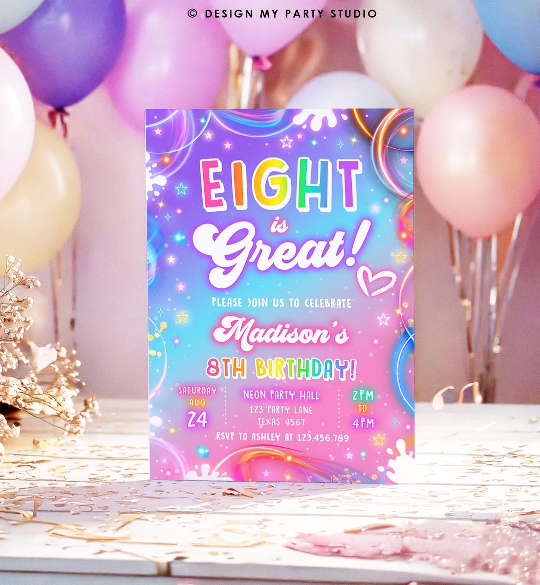Editable Eight is Great Birthday Invitation Girl Retro Groovy Vibe 8th ...