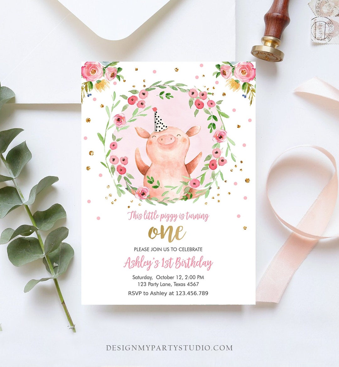 Editable Pig Birthday Invitation Girl Farm Animals Pink Floral Barnyard ...