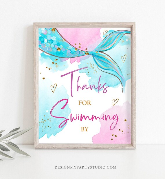 Thanks For Swimming By Sign Mermaid Birthday Sign Table Decor Mermaid ...