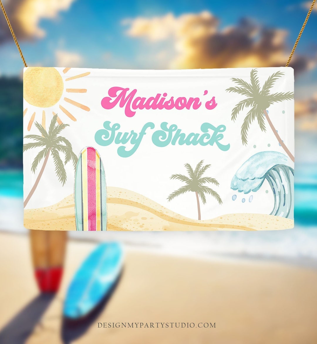 Editable Surf Birthday Backdrop Banner Surfing Girl First Beach the Big ...