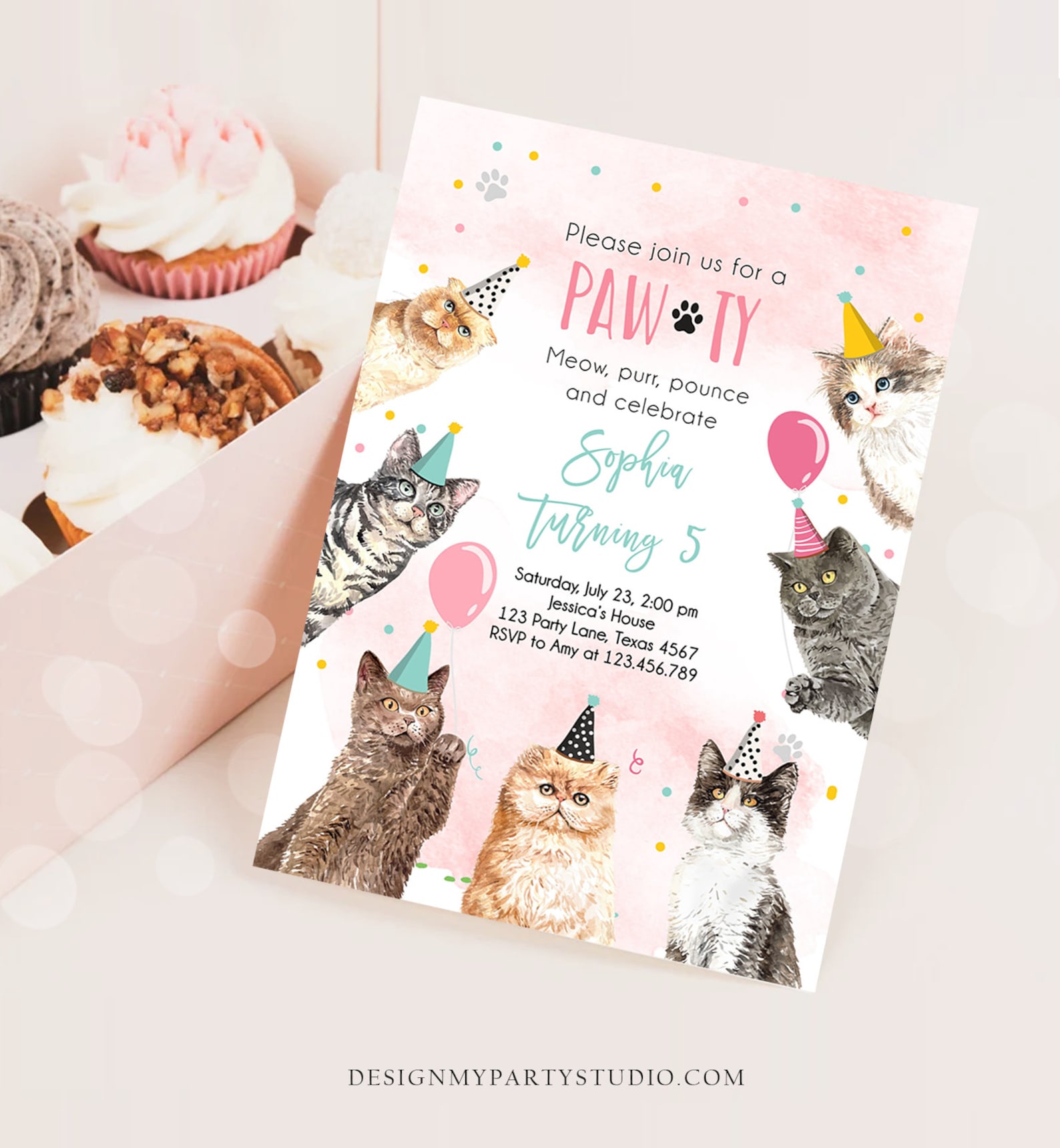 Editable Cat Birthday Party Invitation Kitten Birthday Invite Pink Girl ...