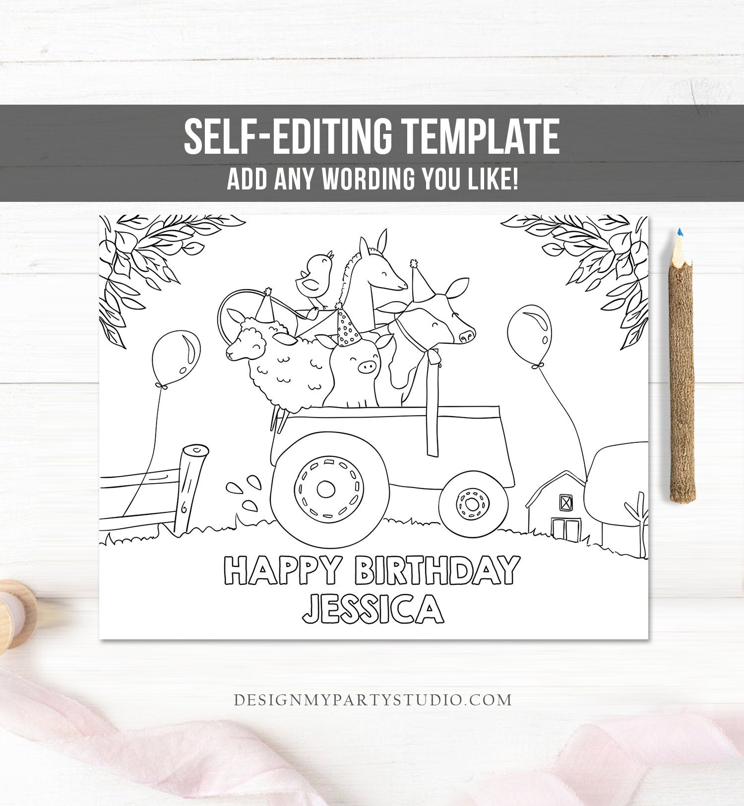 Editable Coloring Page Farm Animals Birthday Party Activity Game Farm ...