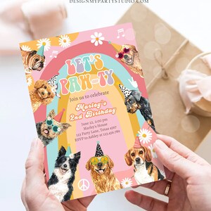 Editable Groovy Dog Birthday Party Invitation Retro Groovy Puppy Girl ...