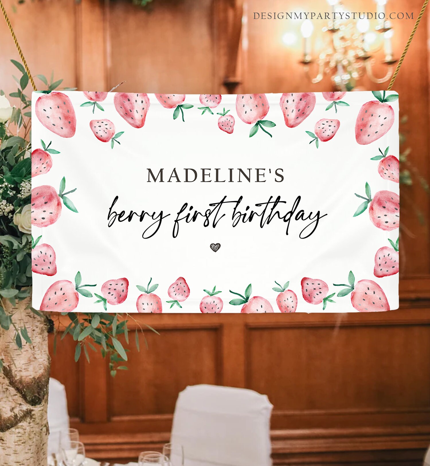 Editable Strawberry Backdrop Banner Strawberry Berry First Birthday ...