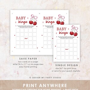 Editable Baby Bingo Baby Shower Game Card Cherry Baby Shower Pink Bow ...
