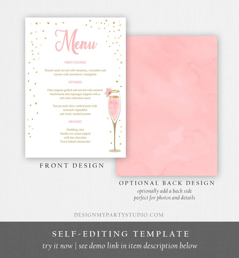 Editable Brunch and Bubbly Menu Card Bridal Shower Pink Champagne Gold ...