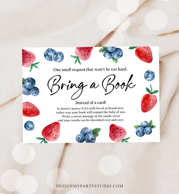 Editable Bring a Book Card Strawberry Berry Sweet Baby Shower Blueberry ...
