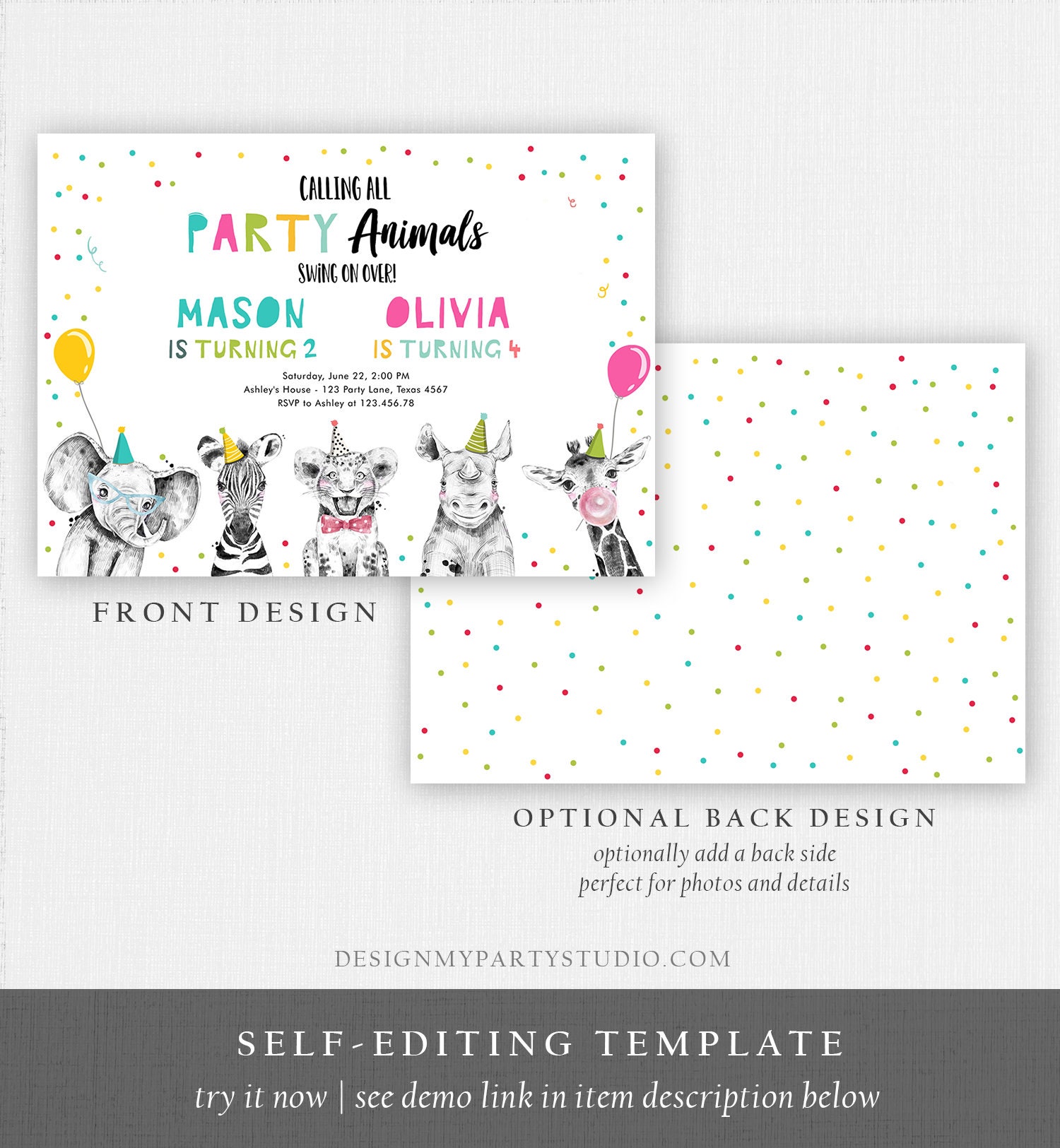 Editable Party Animals Birthday Invitation Wild One Safari Animals ANY ...
