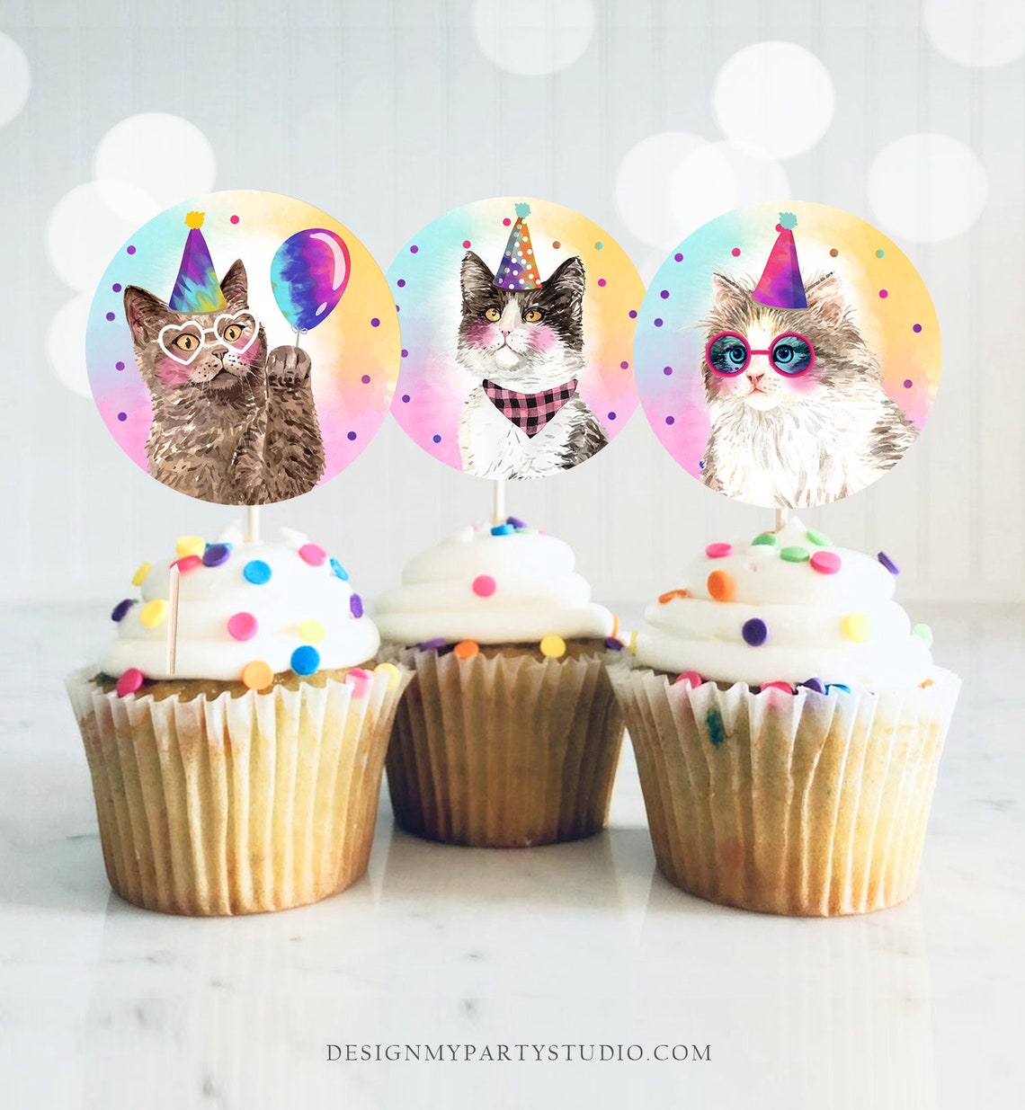 Cats Cupcake Toppers Cat Favor Tags Birthday Kitten Pink Girl Party ...