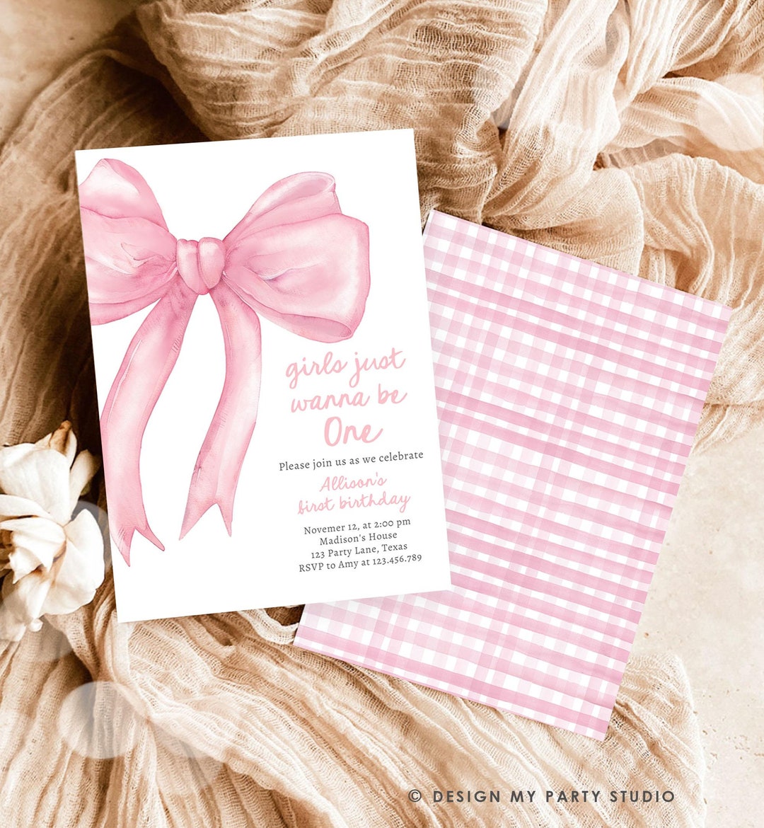 Editable Girls Just Wanna Be One Birthday Invitation Pink Bow 1st ...